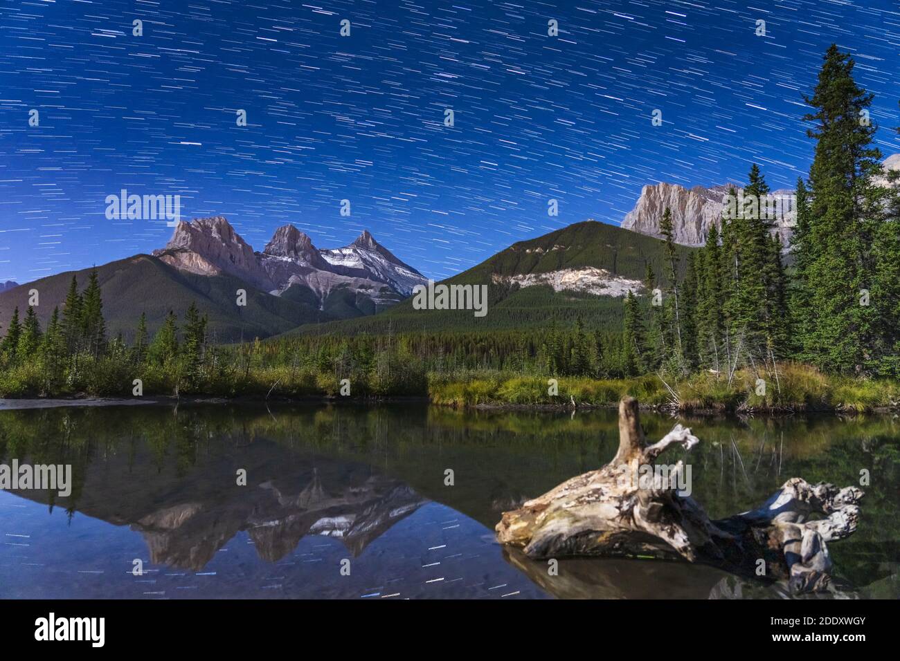 Star trails above The Three Sisters trio peaks mountain at night ...