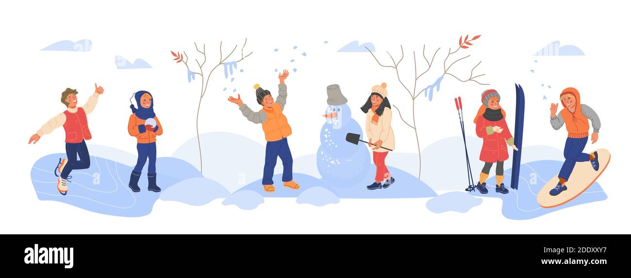 Winter banner template with cute children characters enjoying snow ...