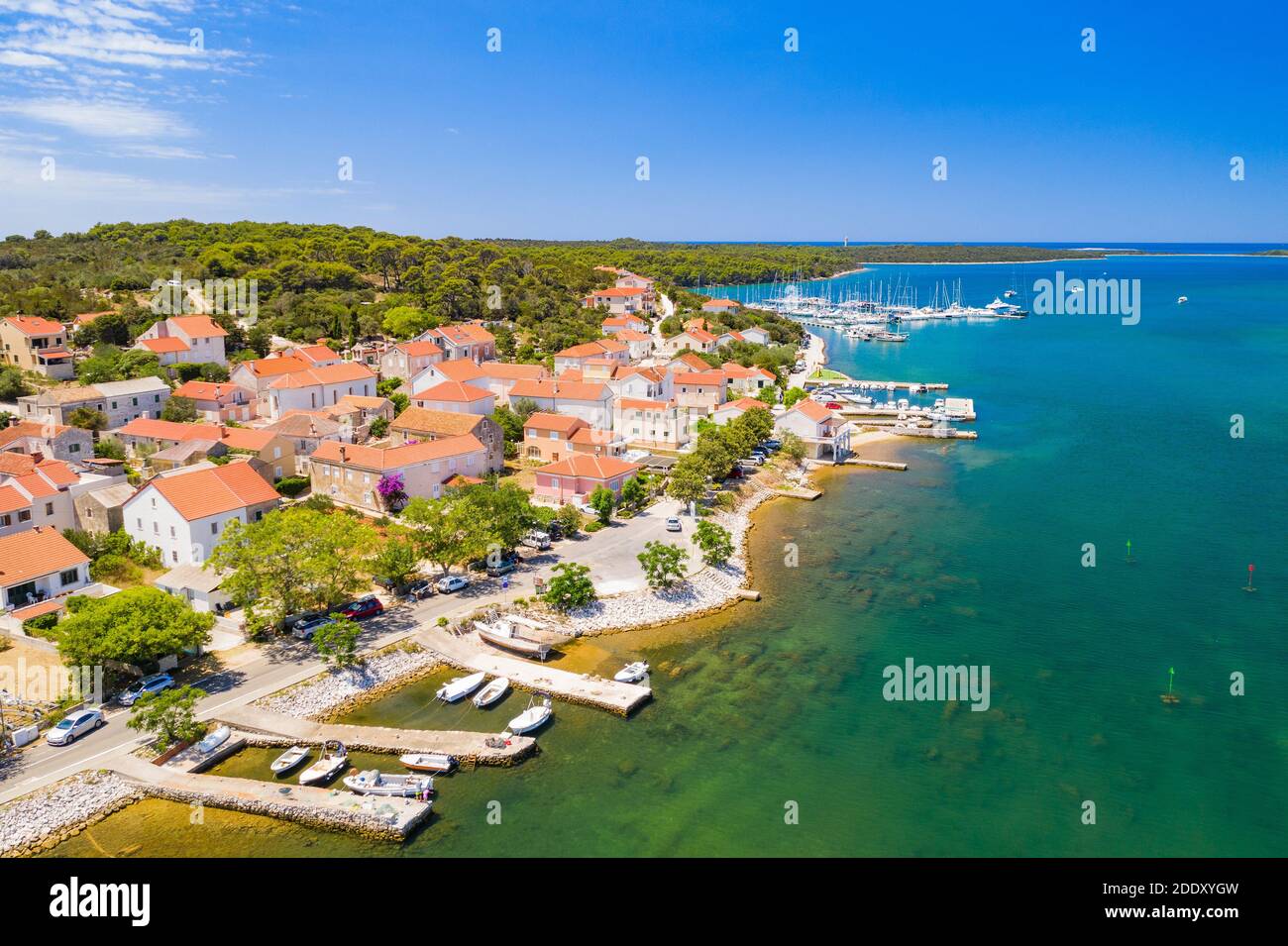 Aerial view of the town of Veli Rat and waterfront on Dugi Otok island ...