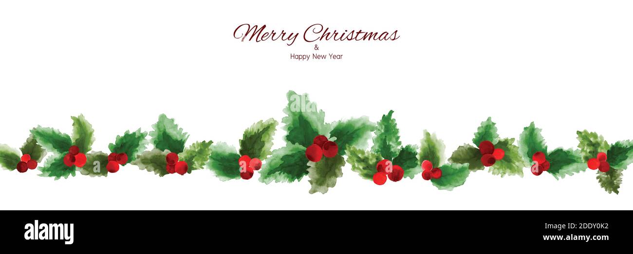 Christmas long banner with holly berry watercolor hand painted isolated ...