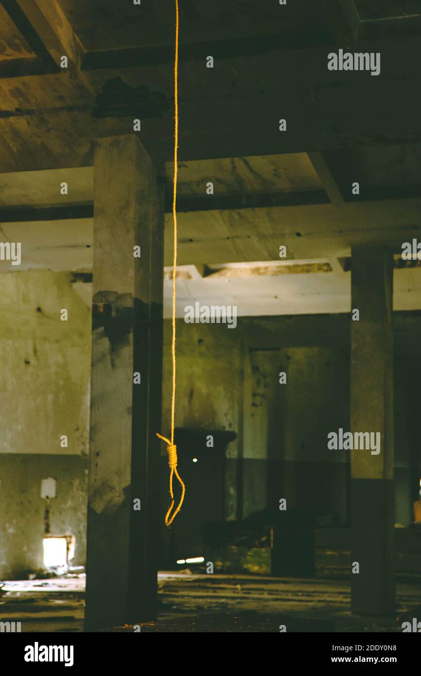 Hanging Rope in an abandoned factory hall |‌ Vintage Lighting Mood ...