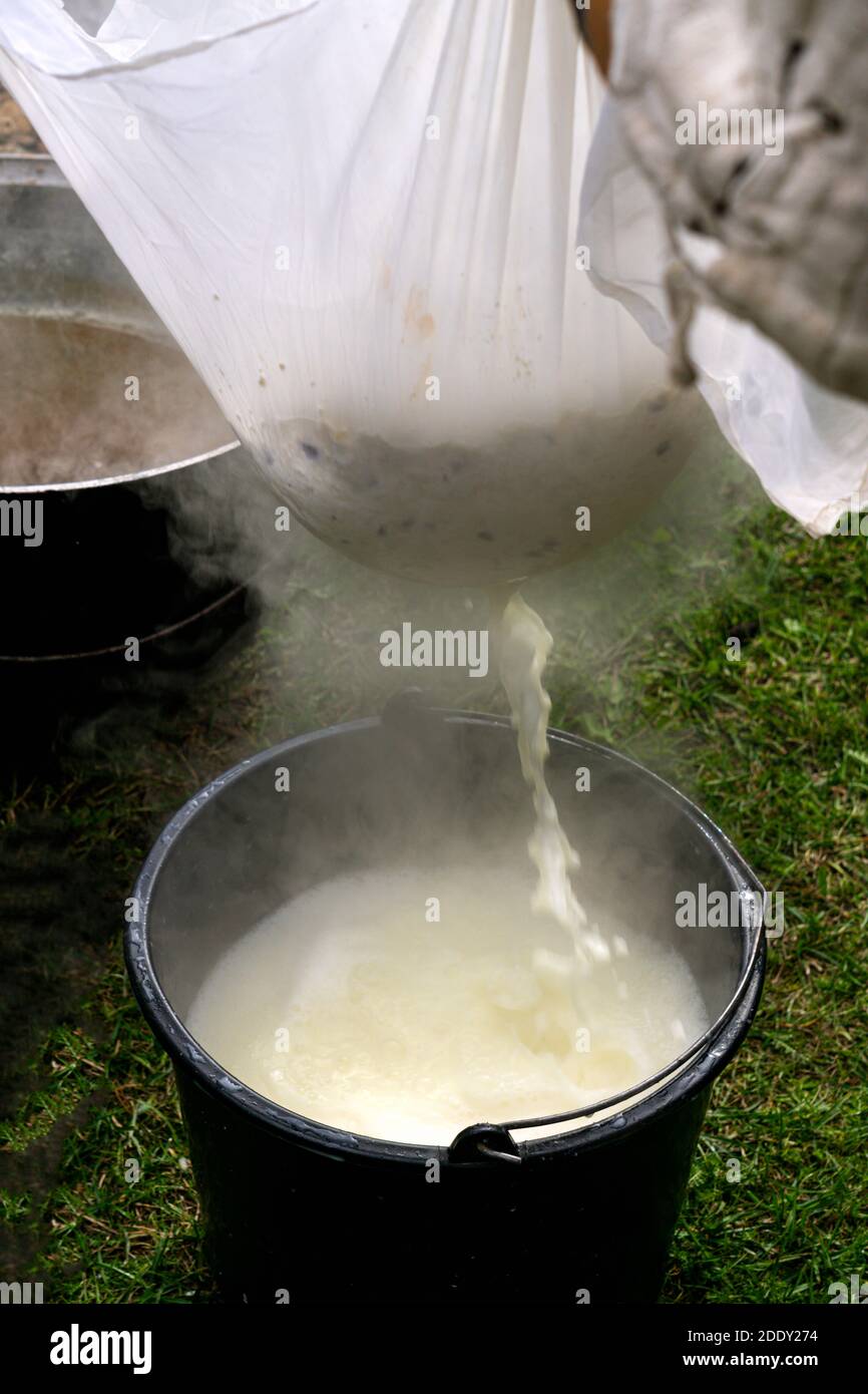 Homemade cheese production in a large cauldron over a fire Stock Photo ...