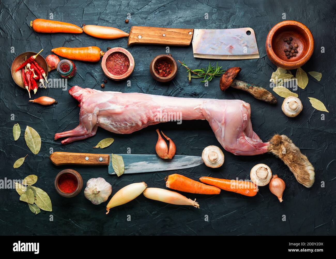 Raw rabbit meat with spice with spice and condiment Stock Photo - Alamy
