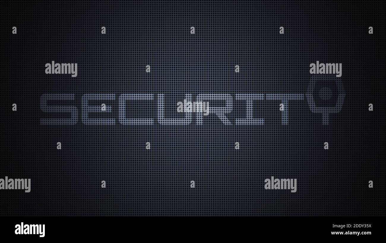 The word security with surveillance camera symbol on dark grid ...