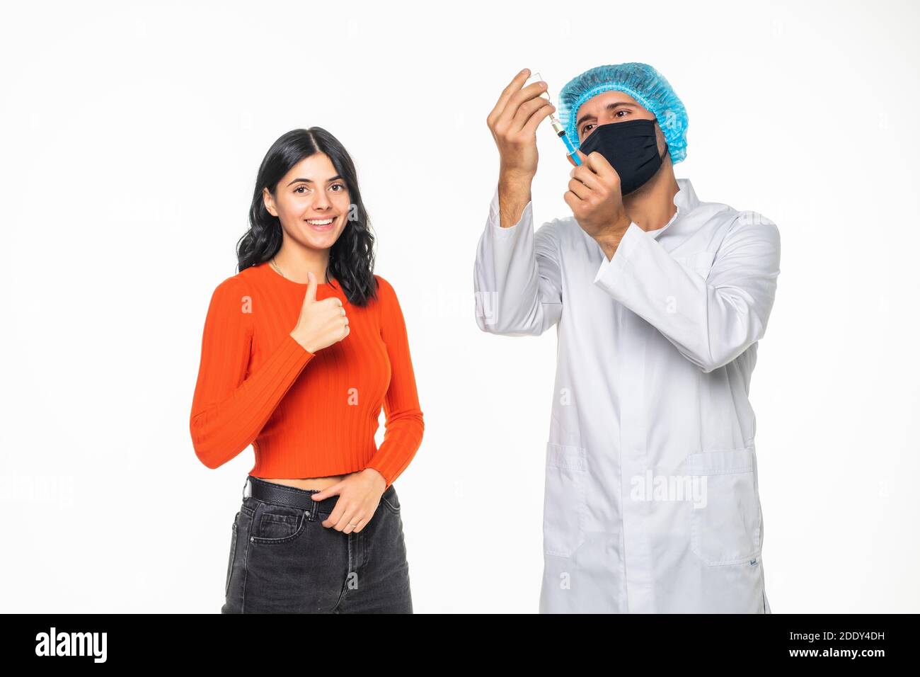 Doctor man expert inject shoulder covid antidote vaccine woman raise ...