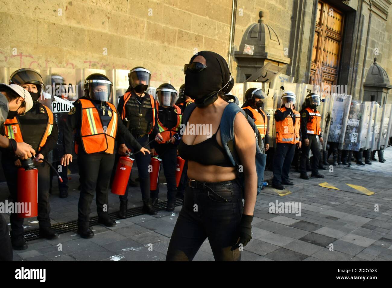 MEXICO CITY, MEXICO - NOVEMBER 25: A woman confronts a riot police line ...