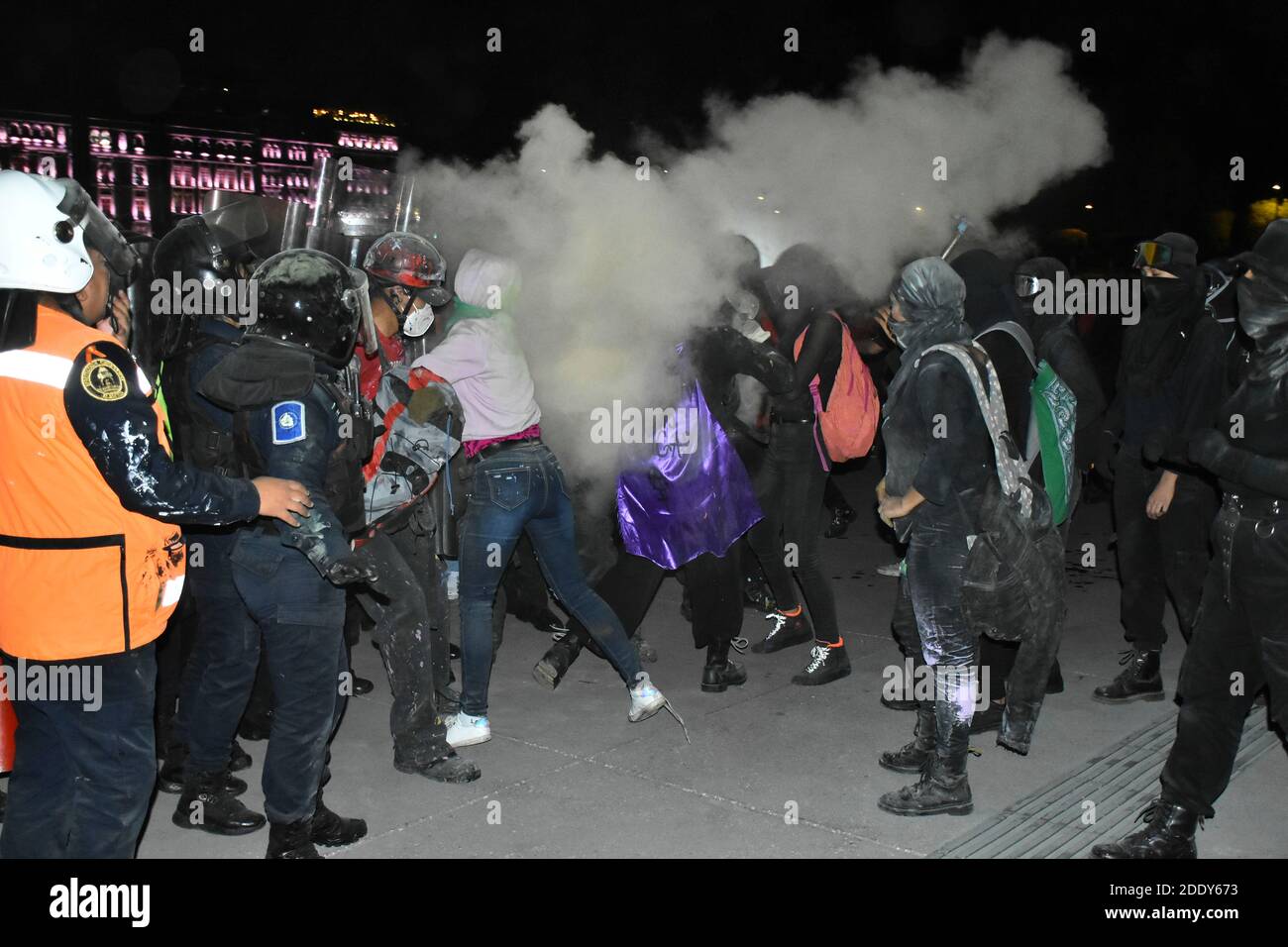 MEXICO CITY, MEXICO - NOVEMBER 25: A woman confronts a riot police line ...