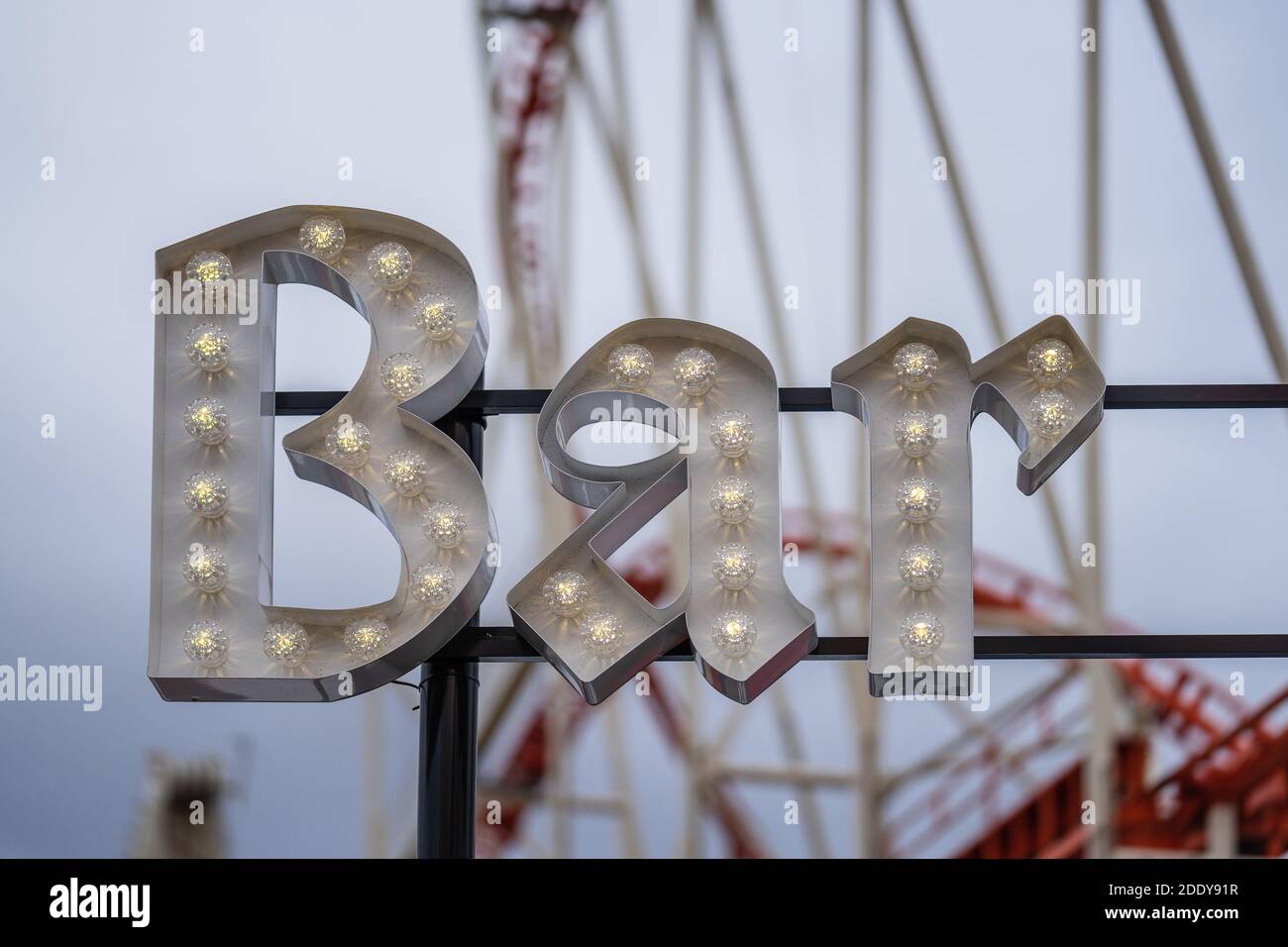 The word Bar above the bar in the park of attractions in London Stock ...
