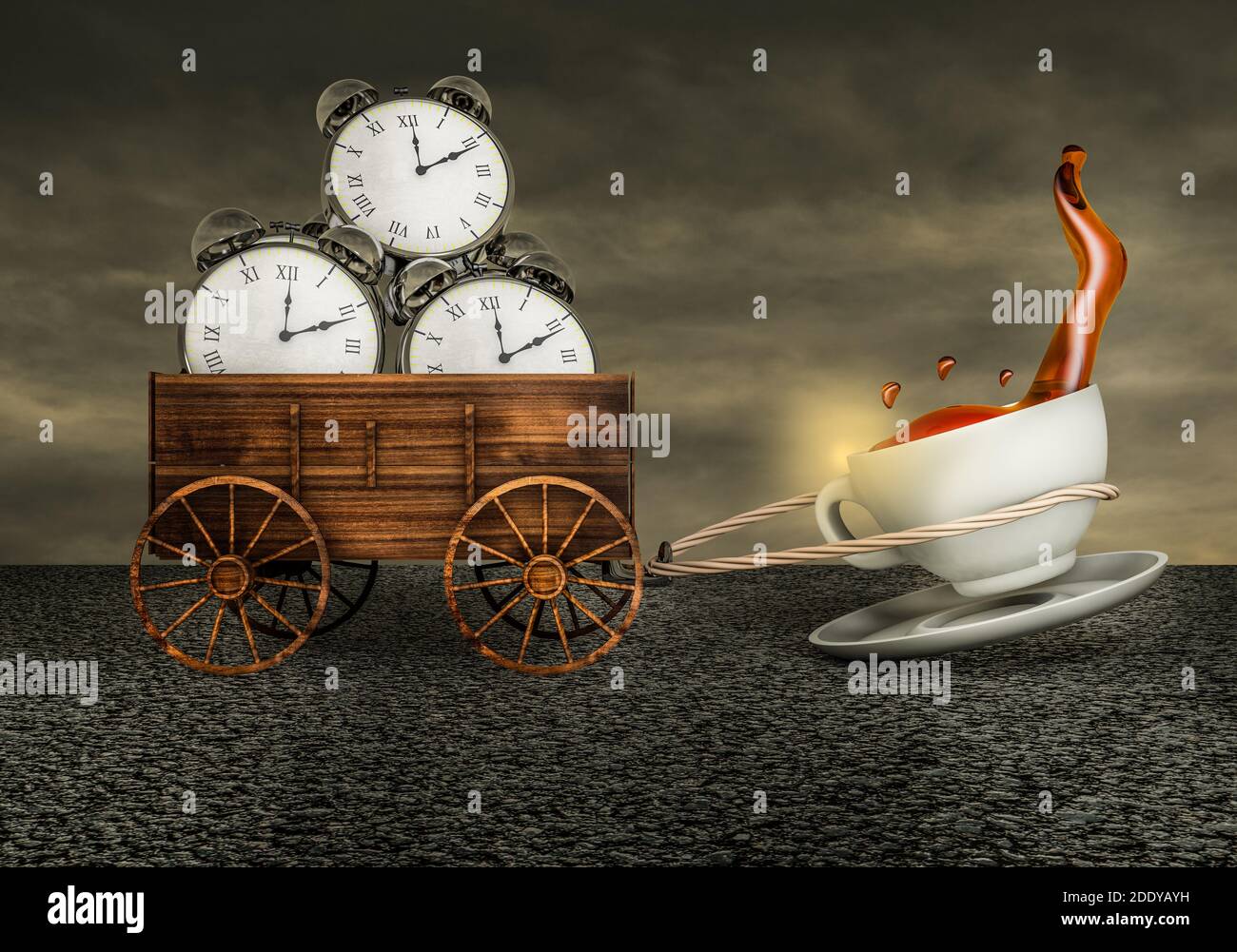 A cup of coffee with coffee dragging a farm cart of alarm clocks on ...