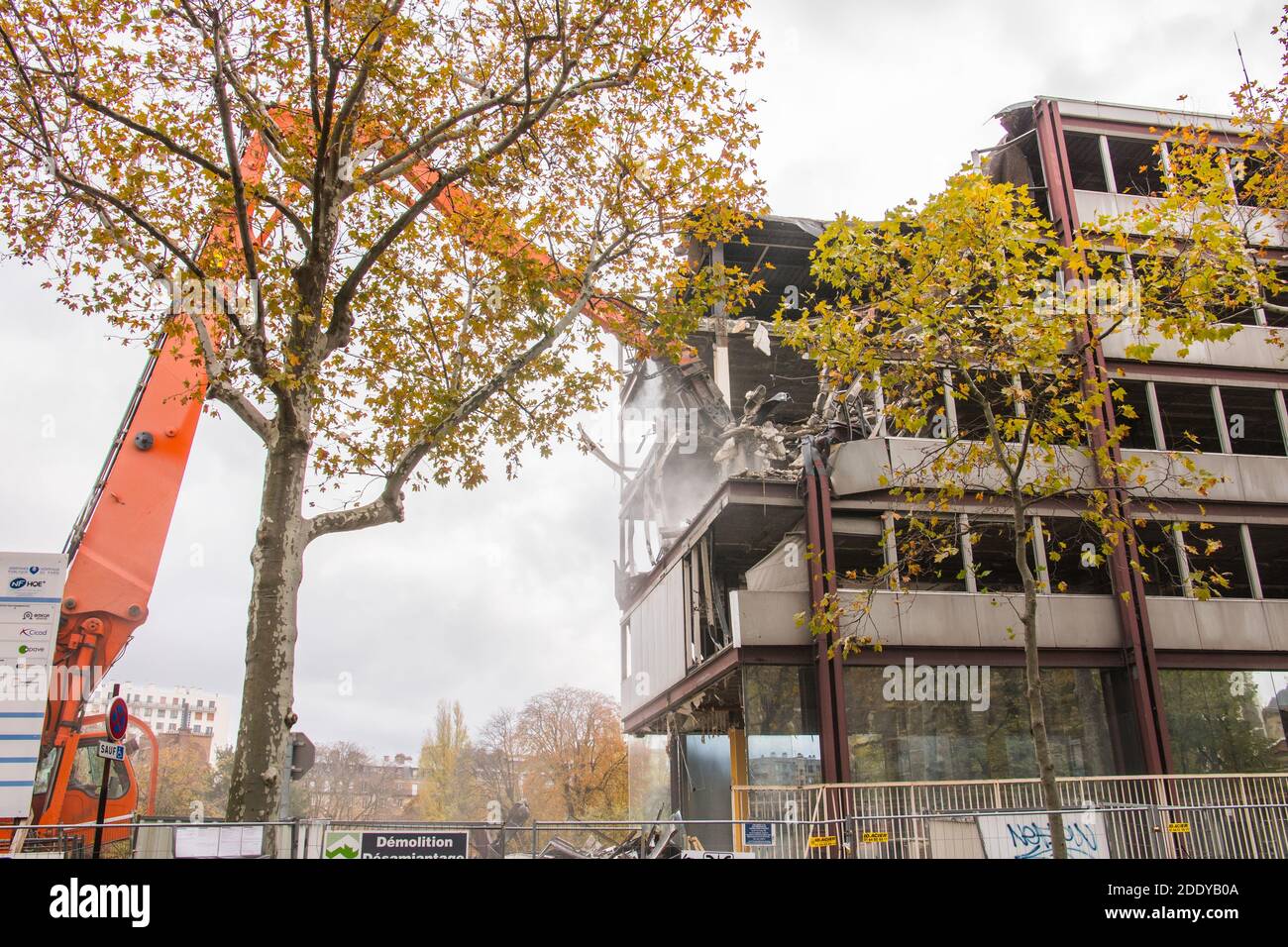 Demolition site, Paris, France. Beautiful low angle shot of an orange ...