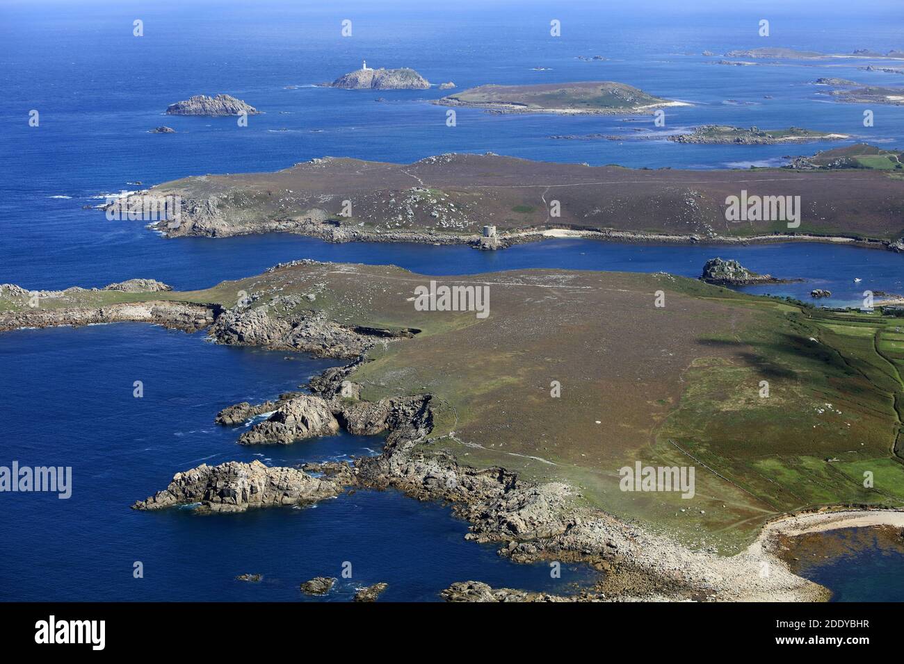 United Kingdom, Cornwall: aerial view over the Scilly archipelago Stock ...