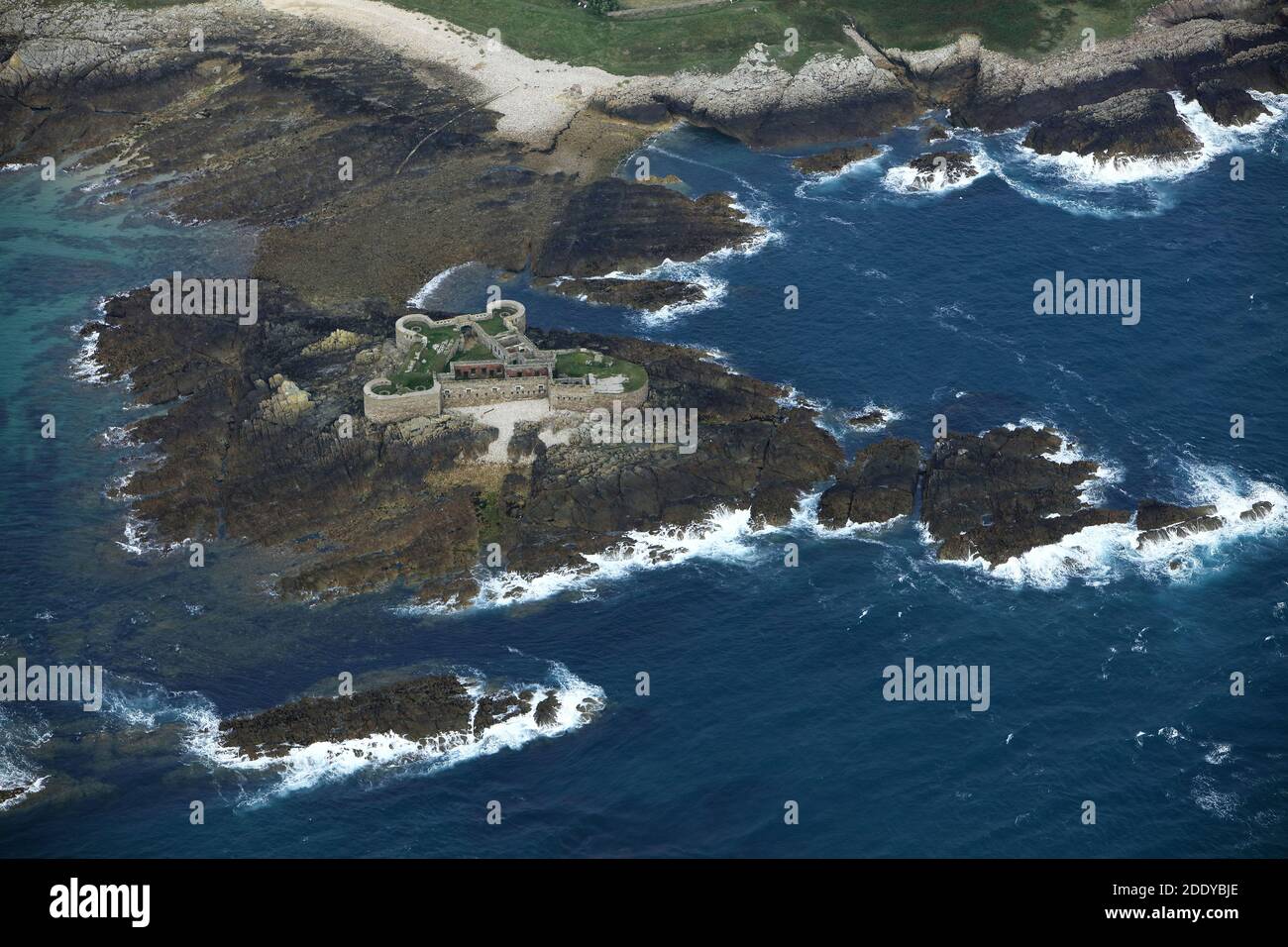 Channel Islands, Alderney: aerial view of the ruins of Fort Houmet ...