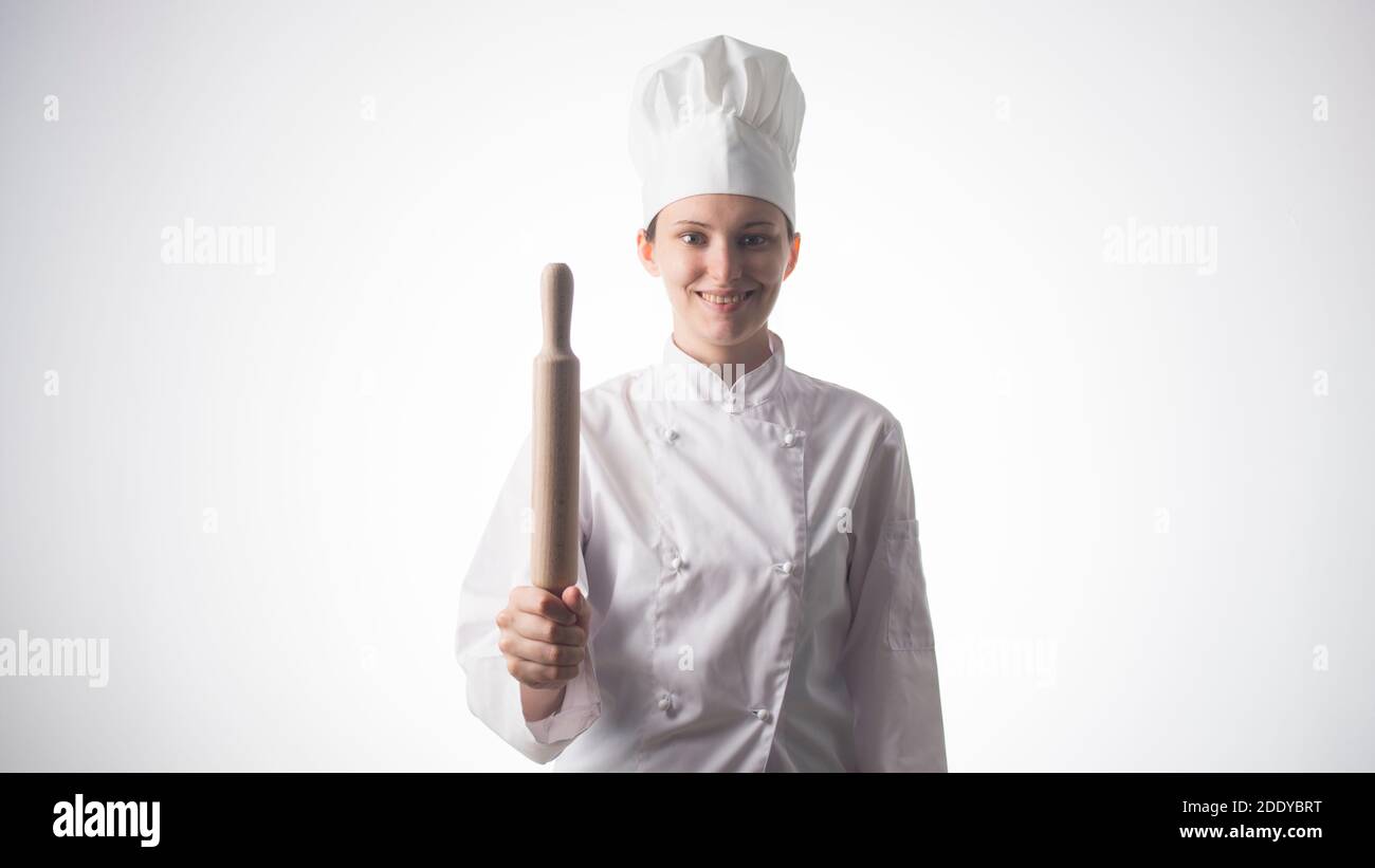 Chef woman. Isolated over white background Stock Photo - Alamy