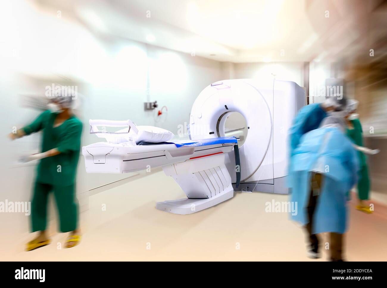 Selective Focus of Ct Scanner ,The technician and nurse cleaning CT ...