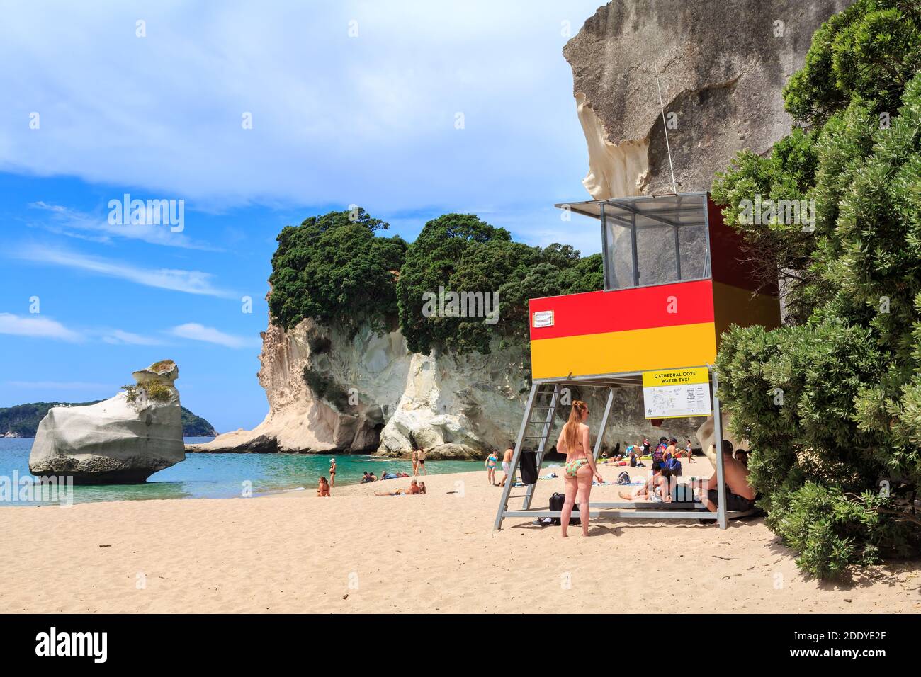 Mare's Leg Cove, New Zealand, in summer. Beachgoers surround a ...