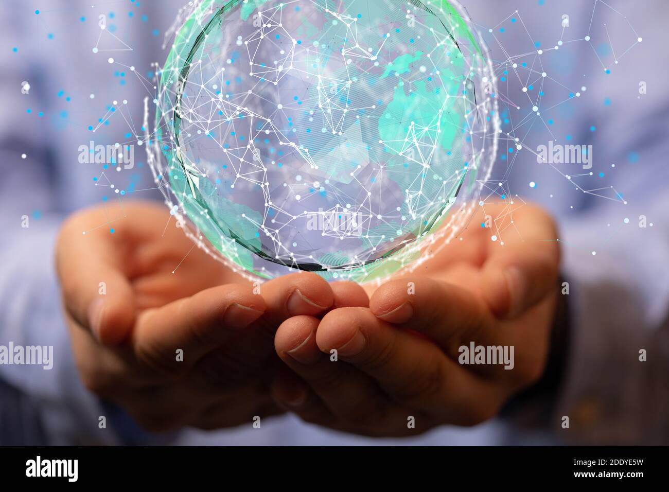 A 3D rendering of a futuristic sci-fi inspired globe with a real person ...