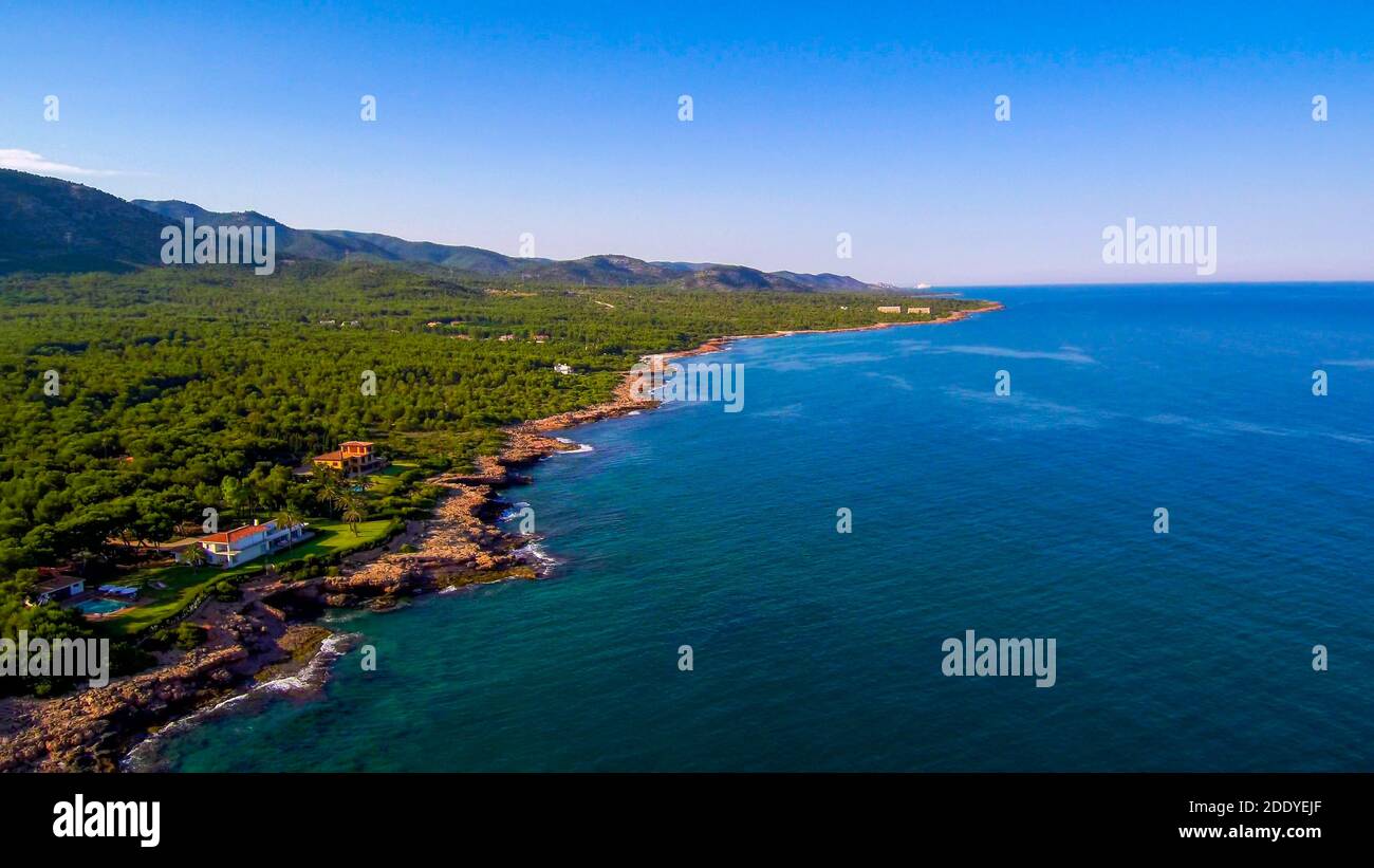 An aerial view of seaside rural cottages surrounded by lush vegetation ...