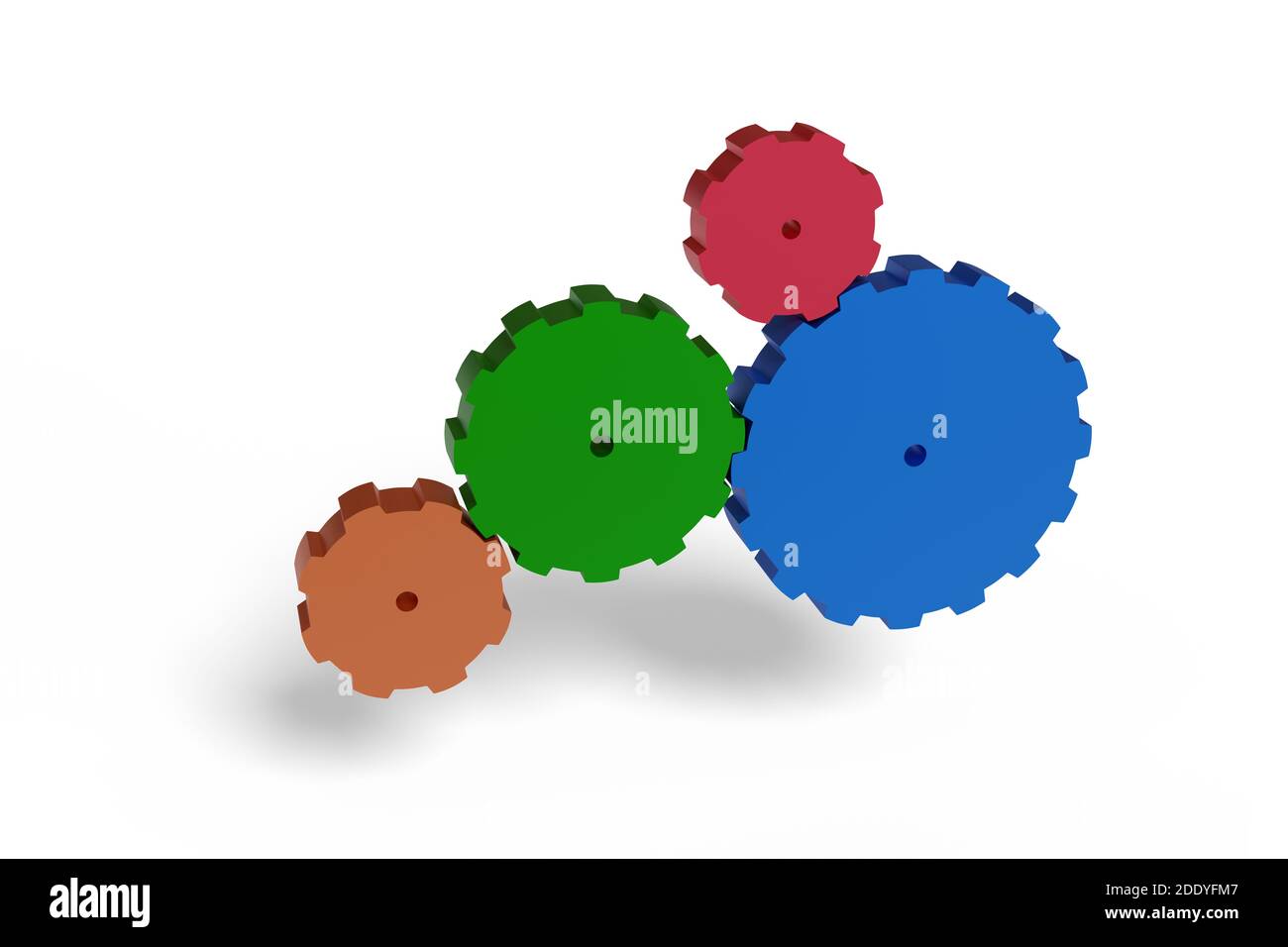 Four gears of red, orange, green and blue colors isolated on white ...