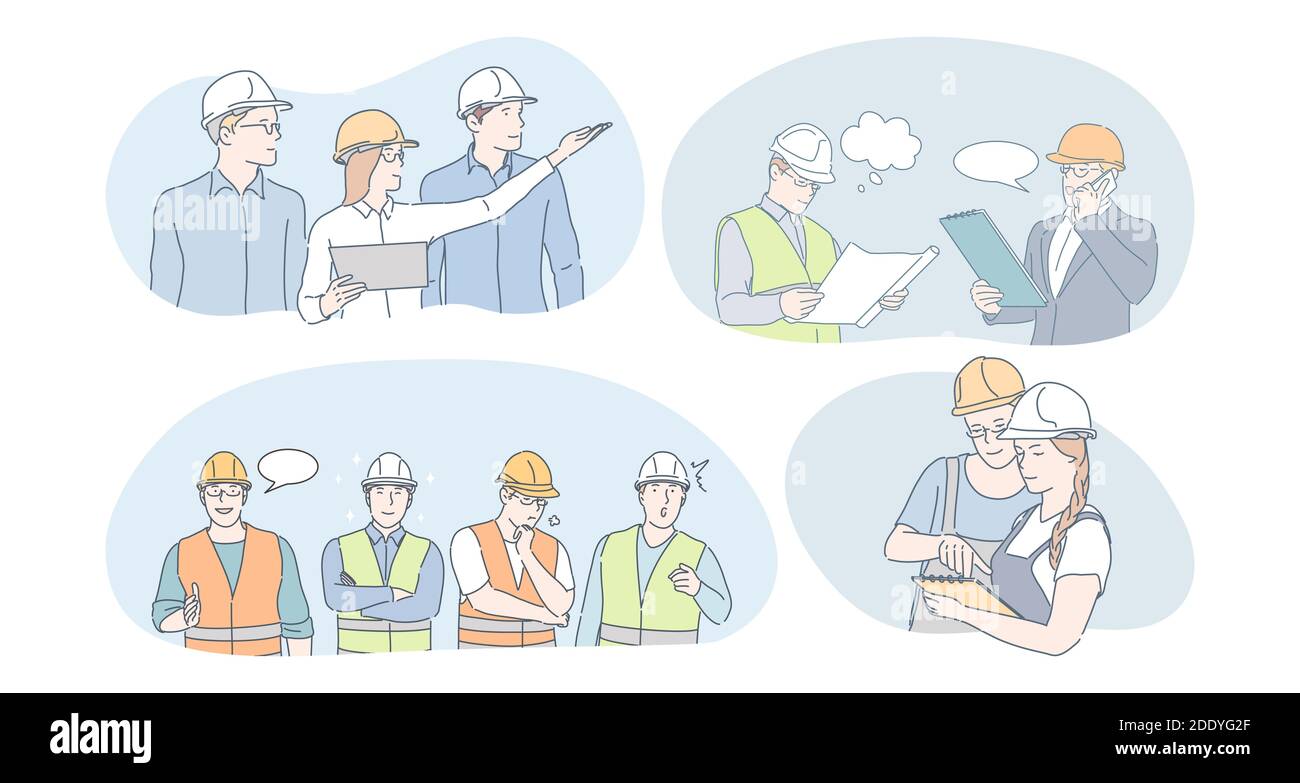 Engineering and construction workers concept. People engineers ...