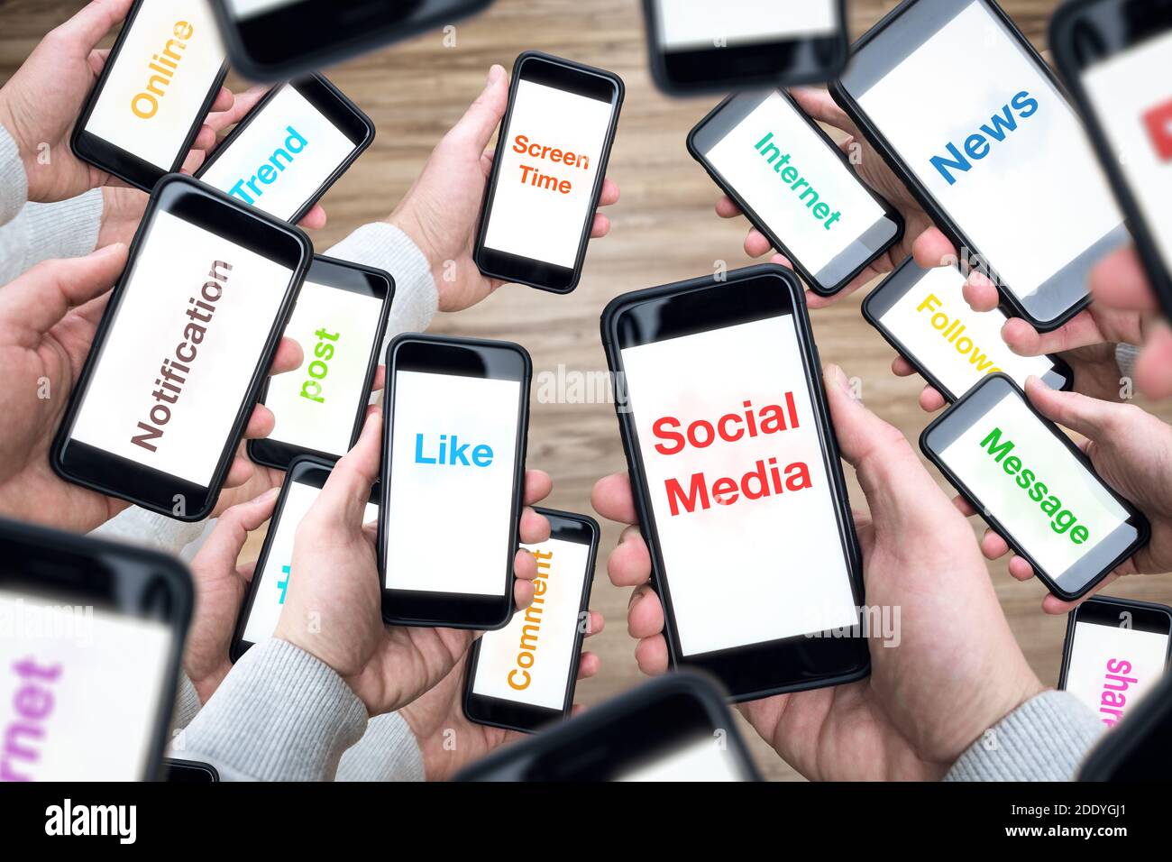 Social media terms on many smartphone screens Stock Photo - Alamy