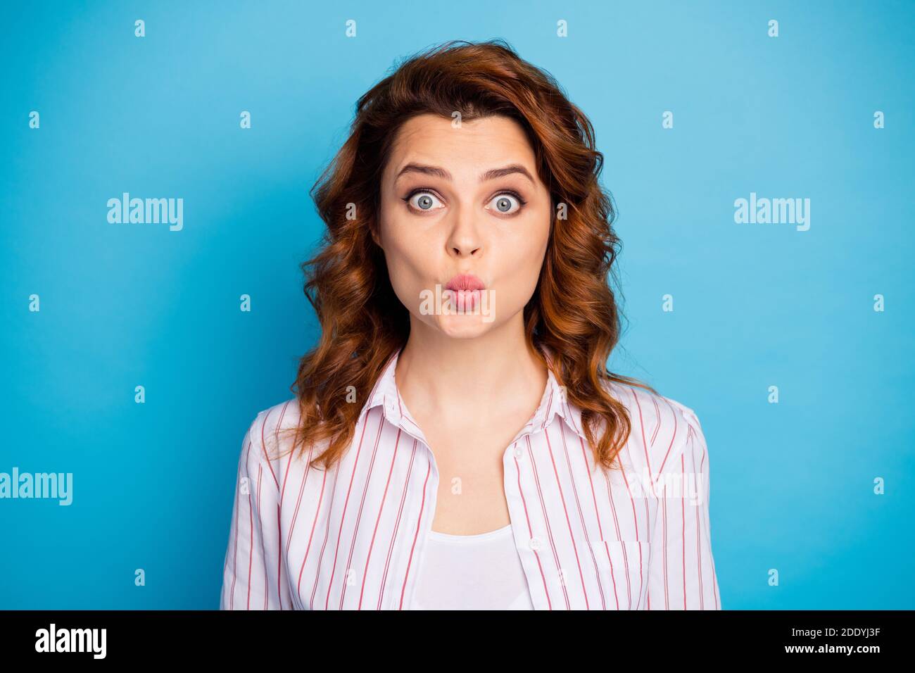 Closeup photo of pretty charming wavy lady sending air kisses handsome ...
