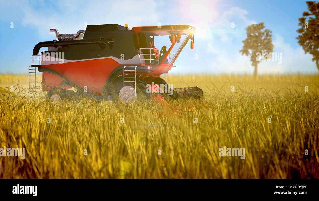robot harvester combine working on the rural field - industrial 3D ...