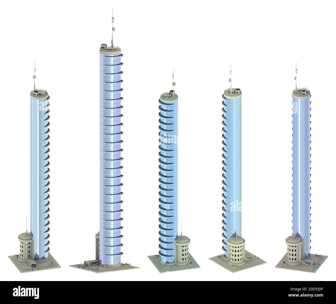 5 different angles views renders of fictional design buildings with ...