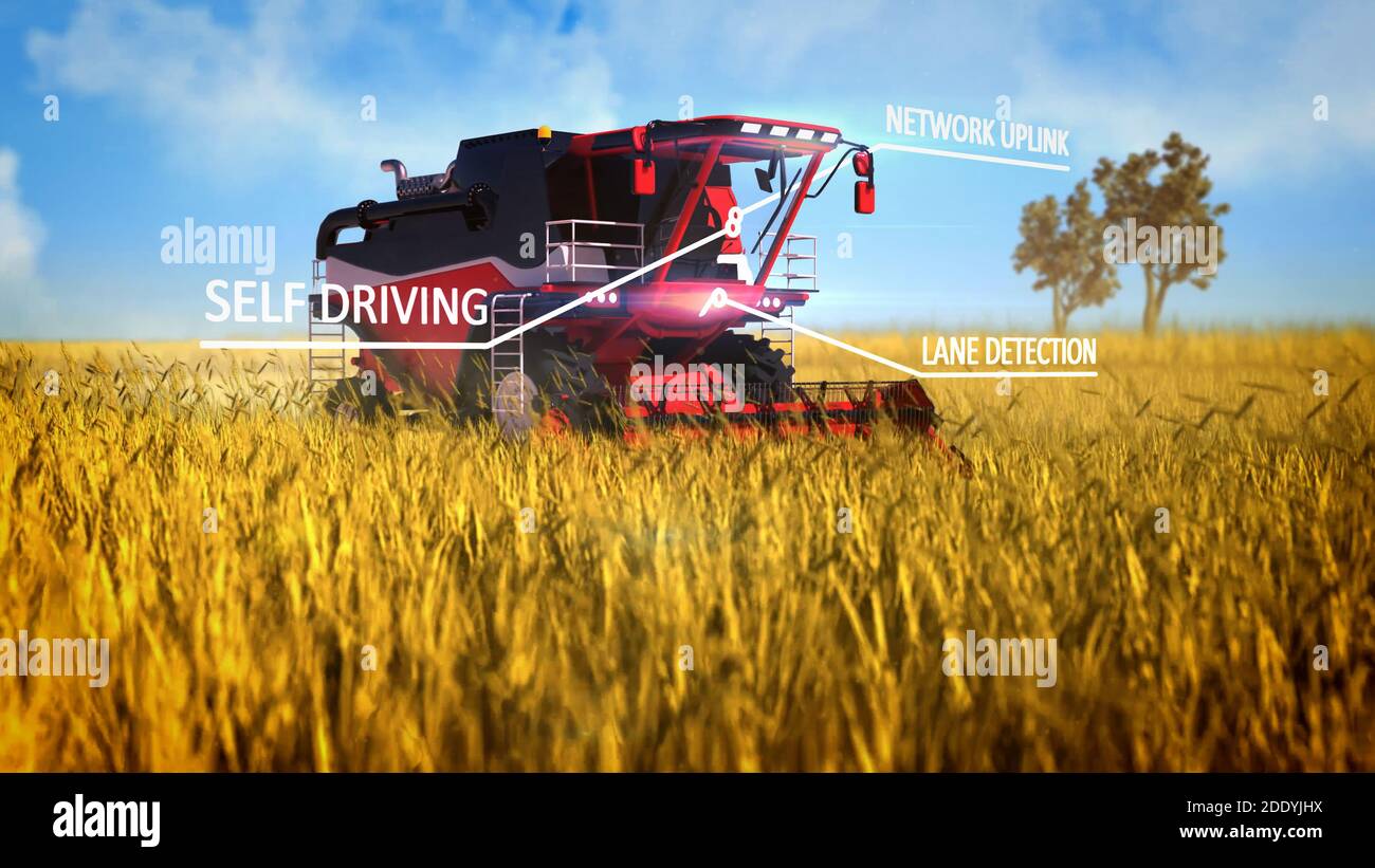 automated combine harvester working on the farmland field - industrial ...