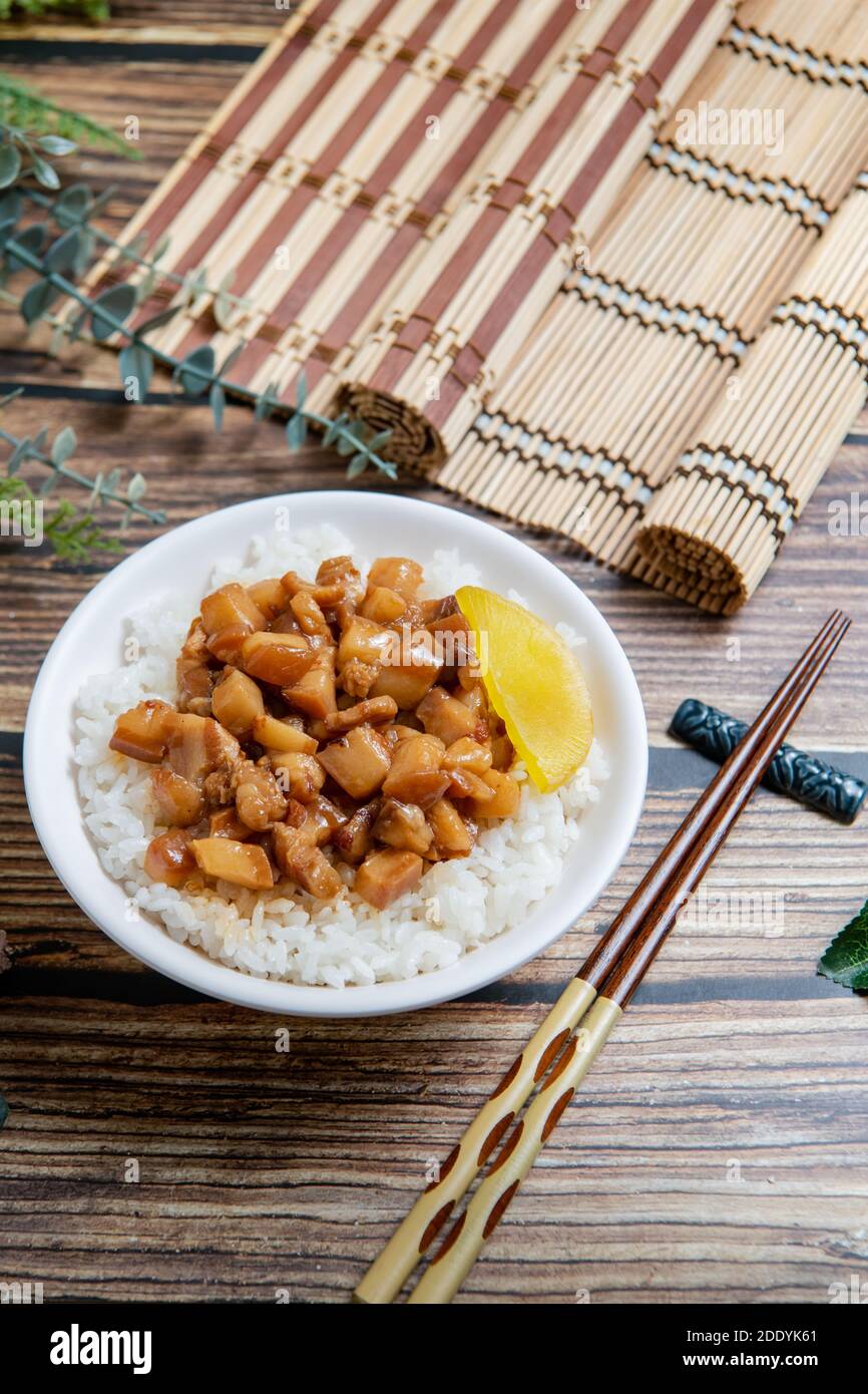 braised pork on rice is Minced pork served with pickles on top of ...