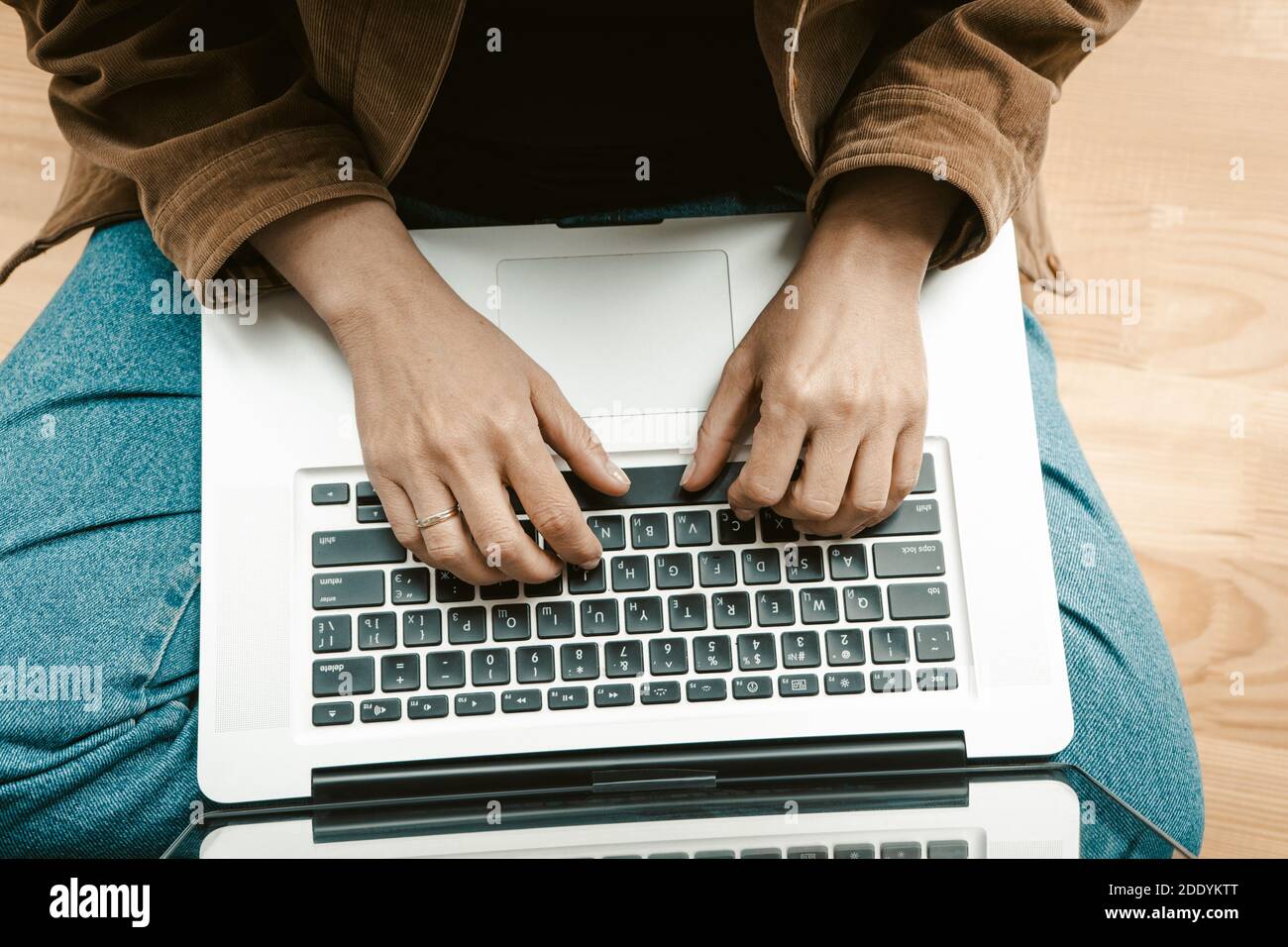 Close up. Top view. Woman hands working using laptop computer sitting ...