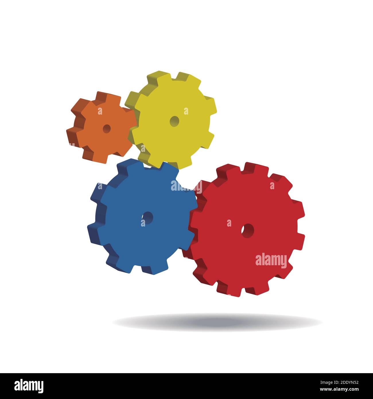 Four gears of red, orange, yellow and blue colors isolated on white ...