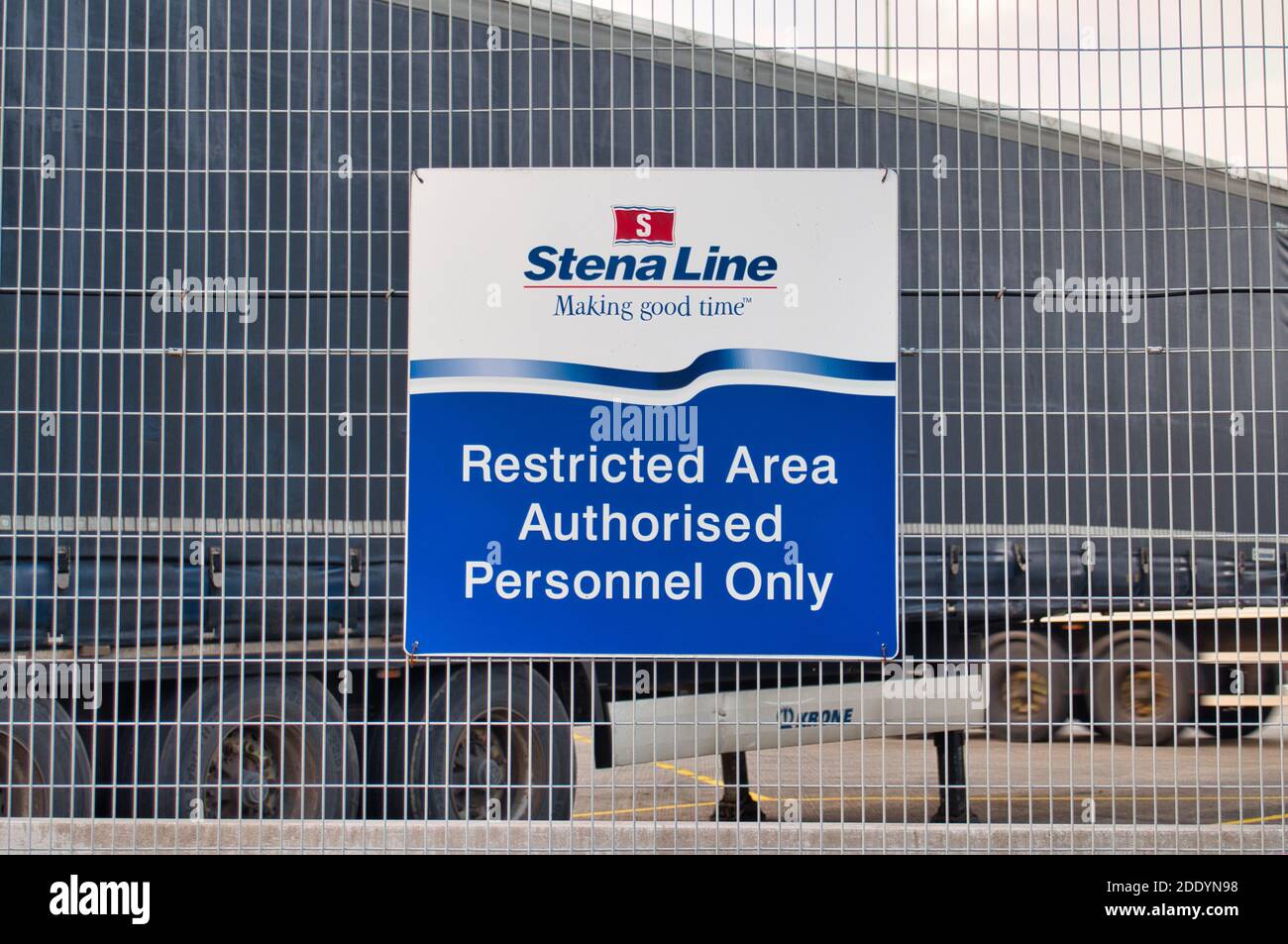 A sign marking a restricted area around the Stena Line ferry terminal ...