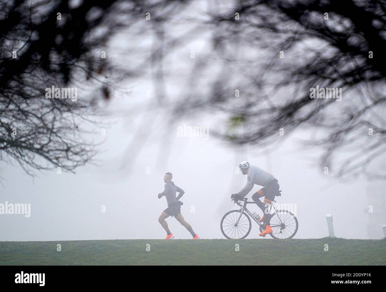 People make their way through the fog in Bushy Park, southwest London ...