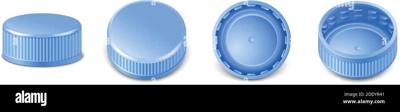 3d realistic collection of blue plastic bottle caps in side, top and ...