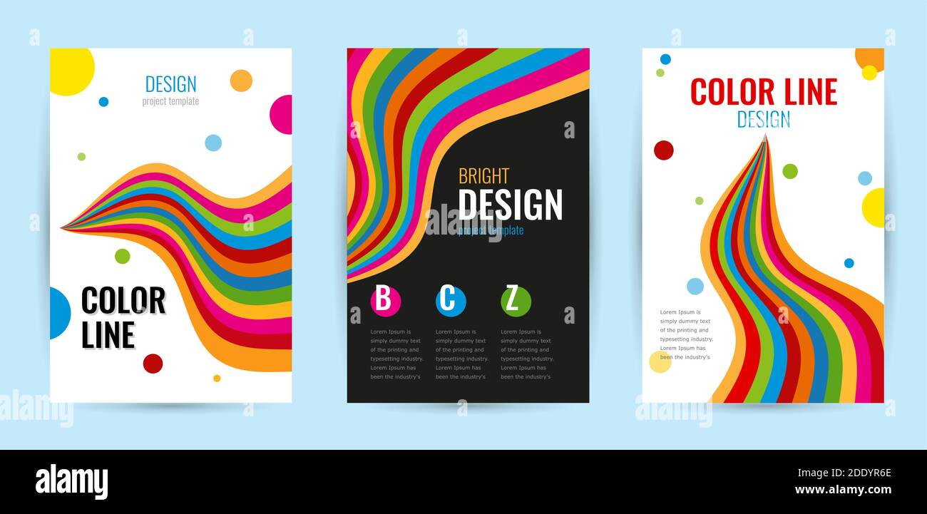 Set leaflet with bright rainbow stripes on white and black background. Abstract vector vertical ...