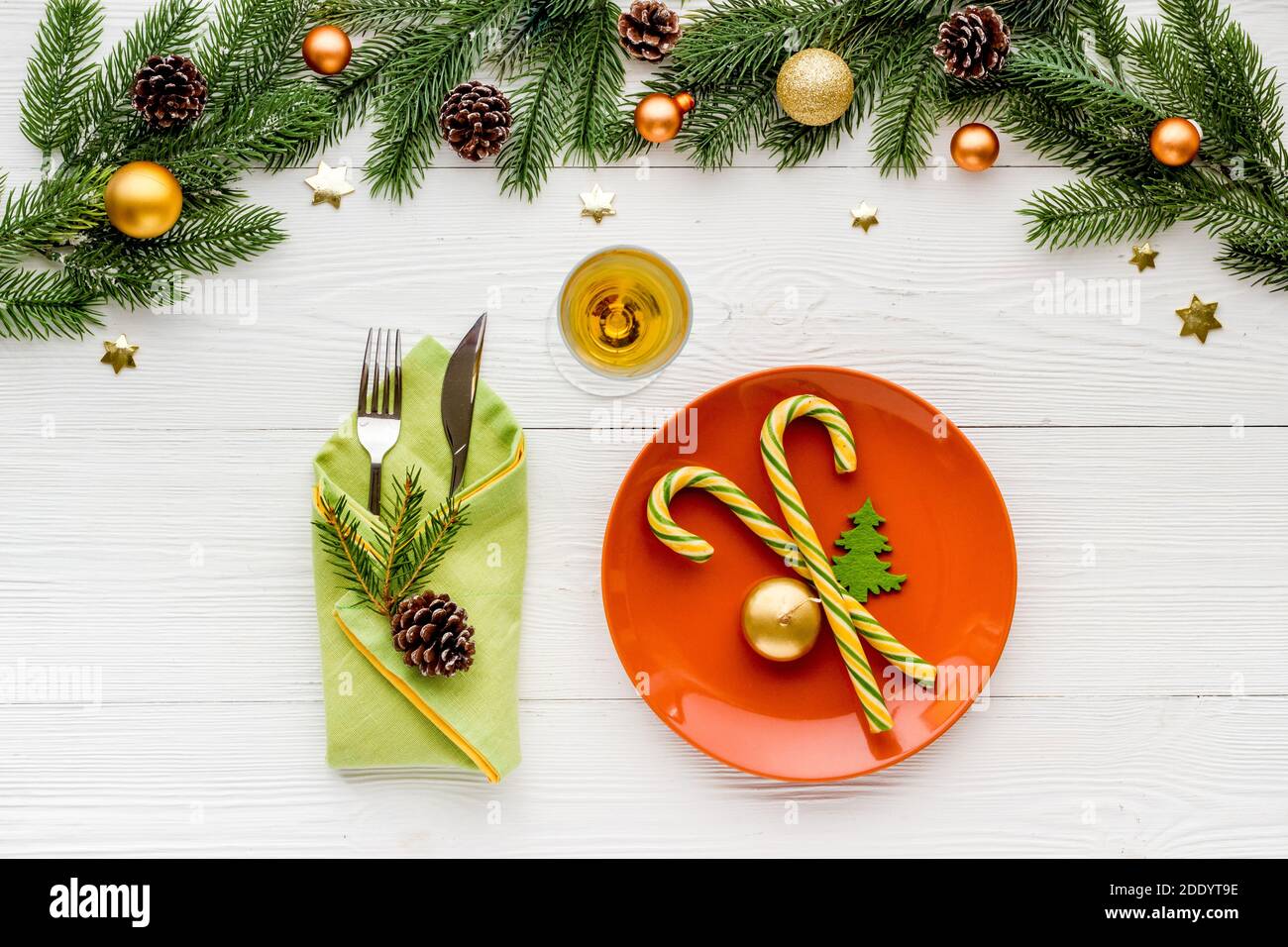 Christmas dinner background. Table setting top view Stock Photo - Alamy