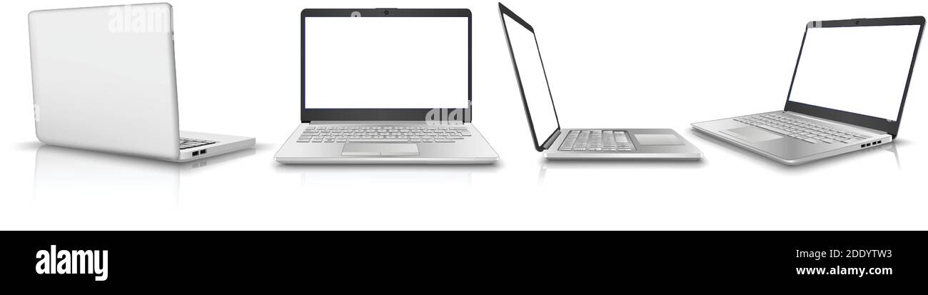 big 3d realistic vector collection of laptop in side, front, back and 3 ...