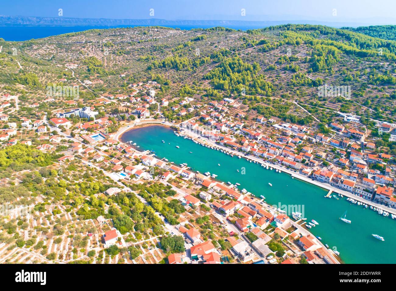 Korcula. Town of Vela Luka on Korcula island waterfront aerial view ...