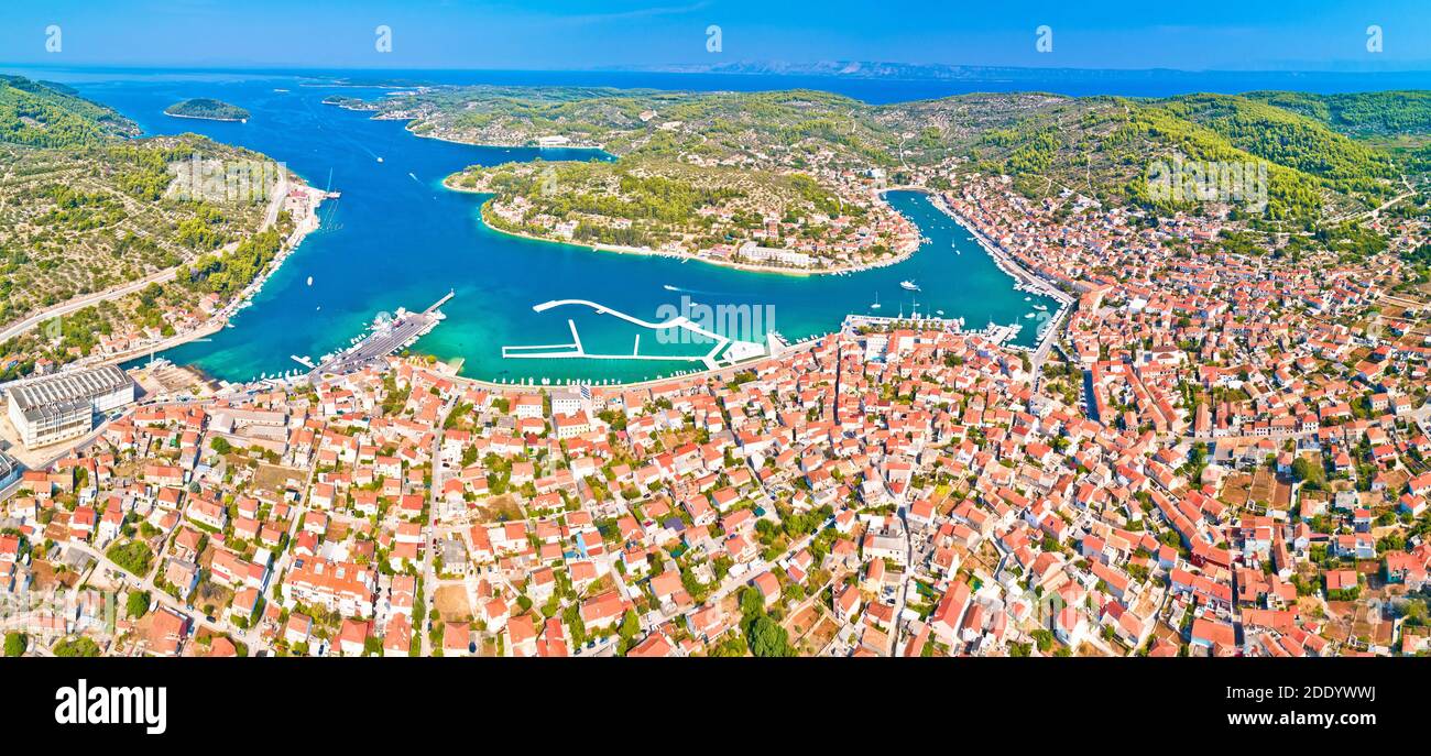 Aerial view of Korcula island beach in Pupnatska Luka cove, southern ...