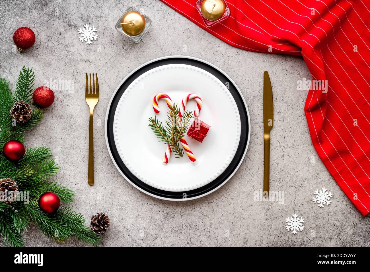 Beautiful Christmas table setting. New year decoration. Top view Stock ...
