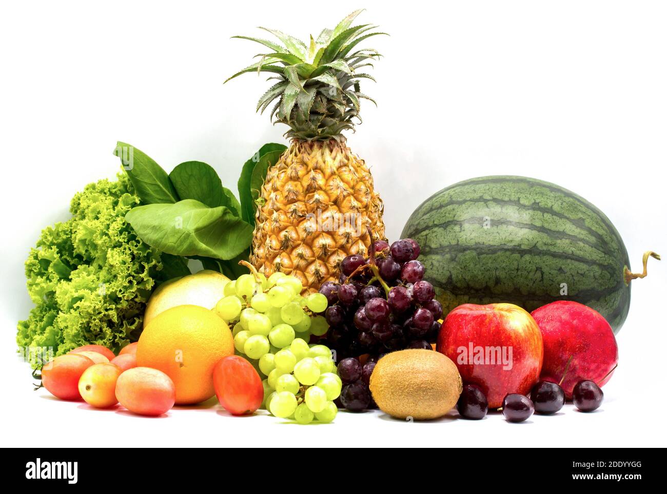 Composition with fruits and vegetables isolated on white background ...