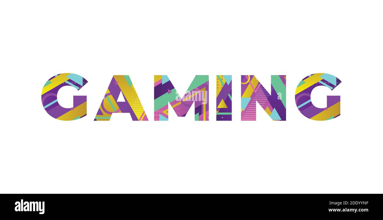 The word GAMING concept written in colorful retro shapes and colors ...