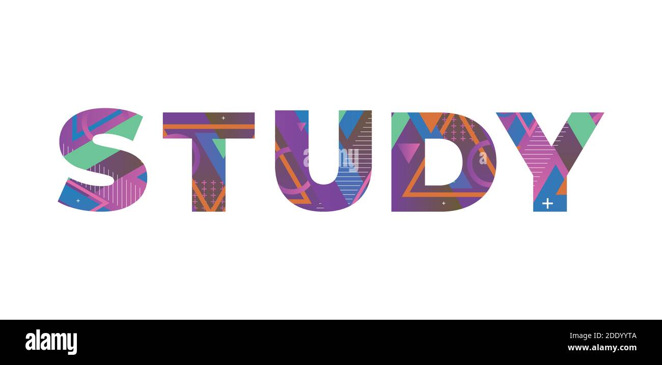 The word STUDY concept written in colorful retro shapes and colors ...