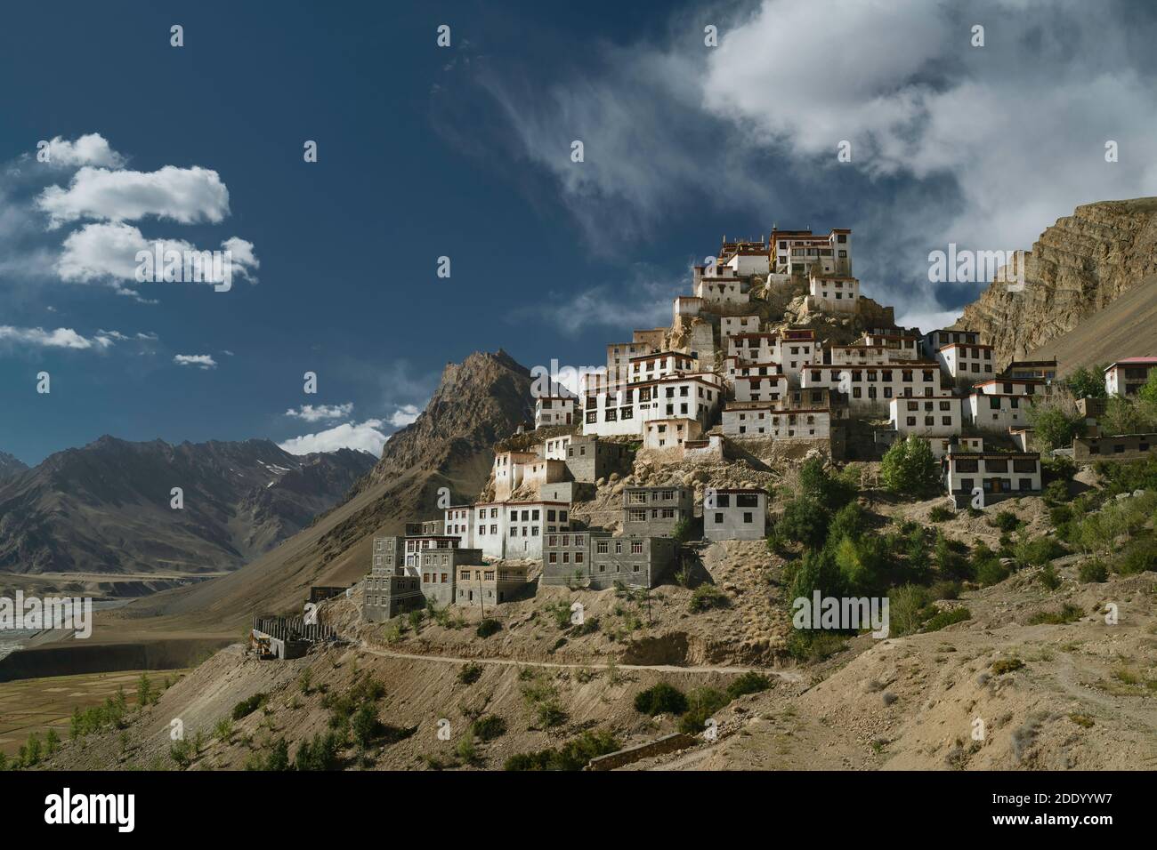 Ancient Key Monastery flanked by the high Himalayas and the Spiti river ...