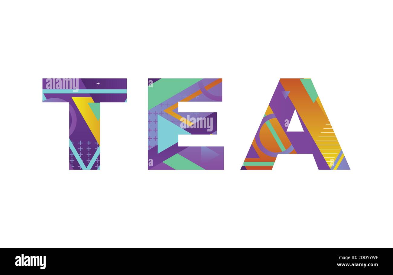 The word TEA concept written in colorful retro shapes and colors ...