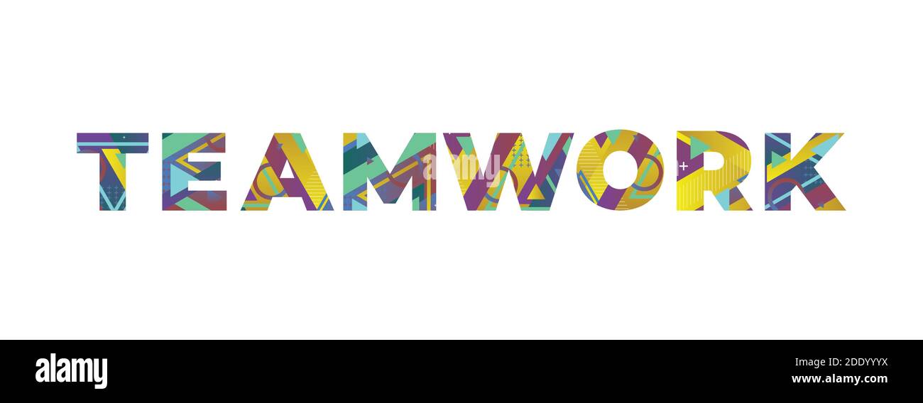 The word TEAMWORK concept written in colorful retro shapes and colors ...
