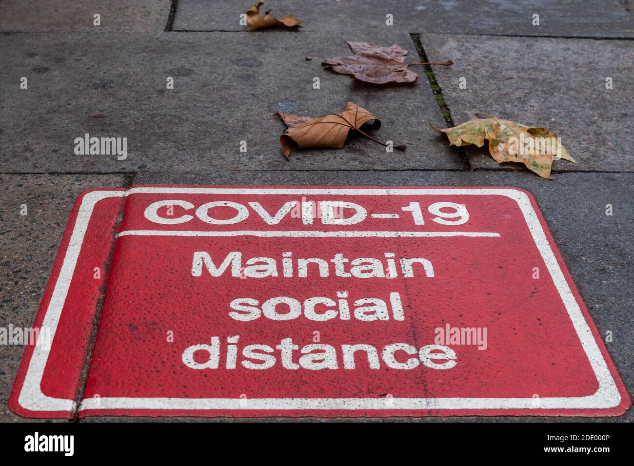 Covid-19 maintain social distance sign applied to the pavement or ...