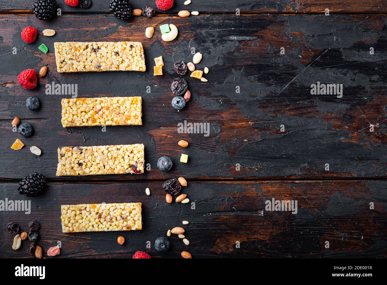 Raw organic granola bar with seeds and nuts, top view with copy space ...