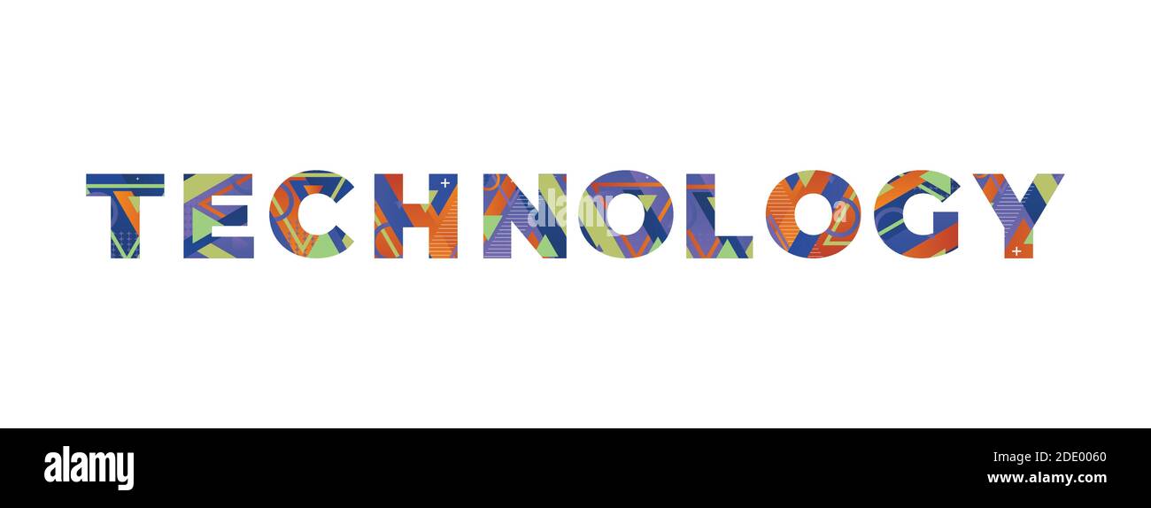 The word TECHNOLOGY concept written in colorful retro shapes and colors ...