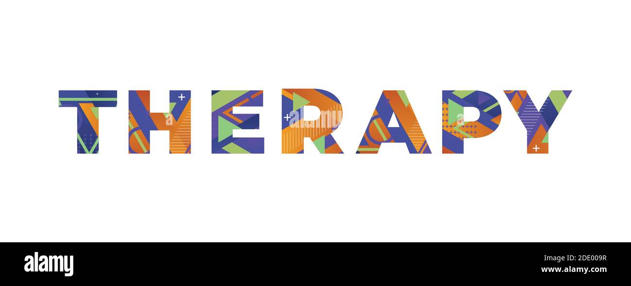 The word THERAPY concept written in colorful retro shapes and colors ...